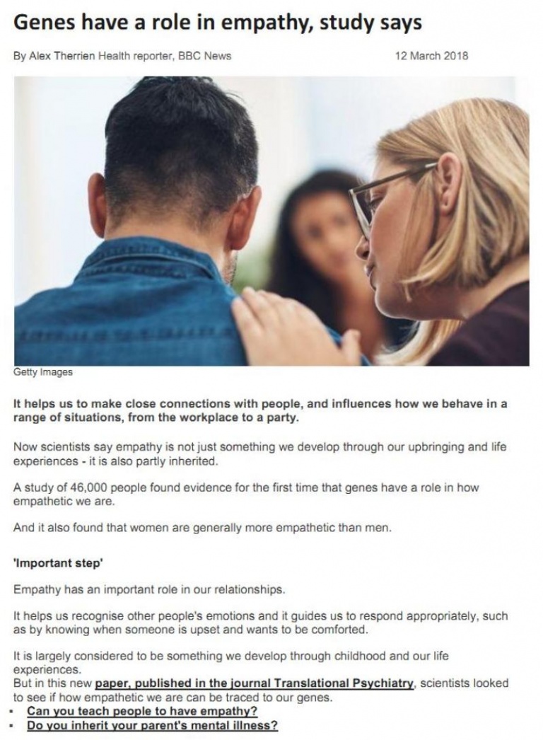 BBC News: Genes have a role in empathy, study says